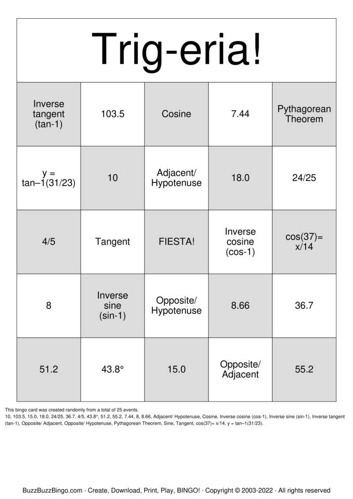 Trigonometry Loteria Bingo Cards to Download, Print and Customize!