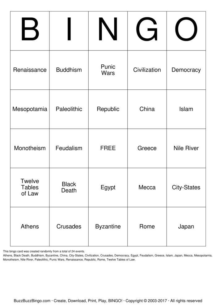 World History Bingo Bingo Cards to Download, Print and Customize!