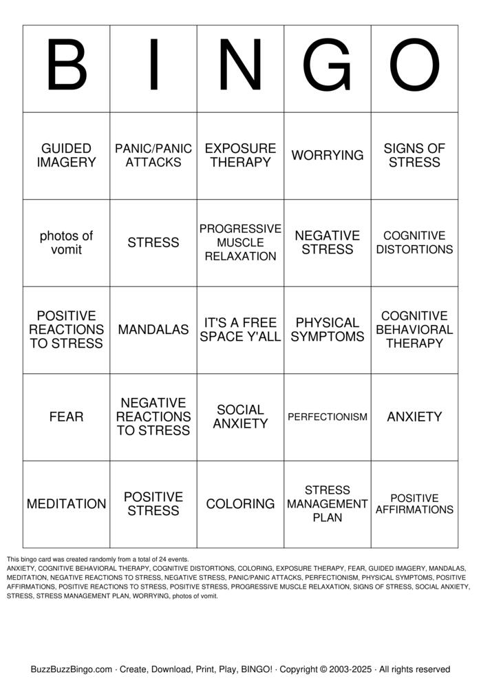 exposure therapy Bingo Cards to Download, Print and Customize!