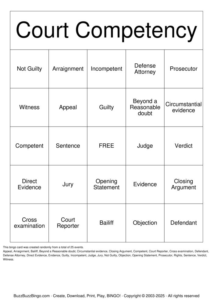 Court Competency Bingo Cards to Download, Print and Customize!