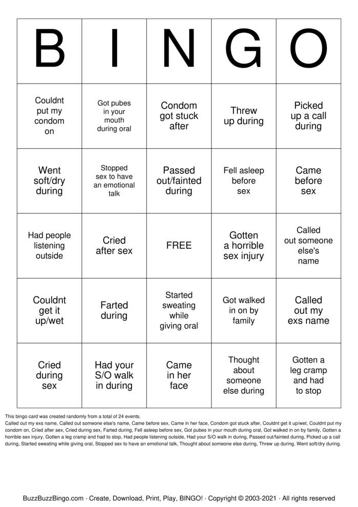 Embarrassing Sex Bingo Bingo Cards to Download, Print and Customize!