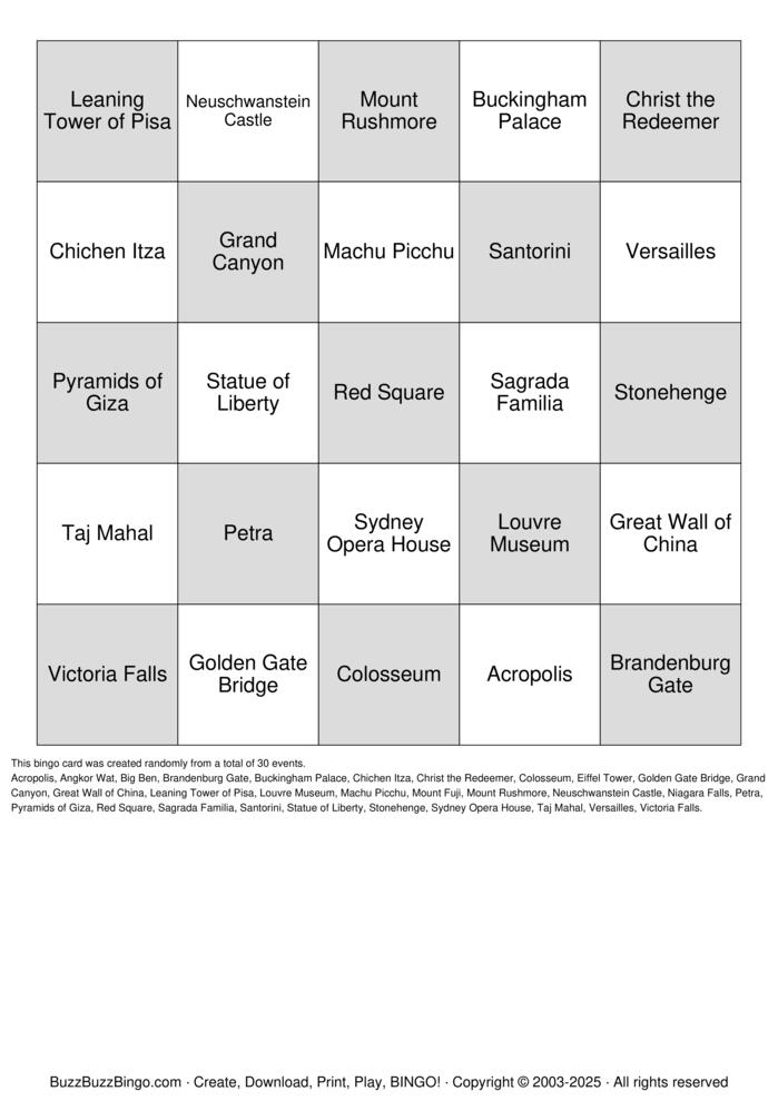 Famous Landmarks Bingo Cards to Download, Print and Customize!