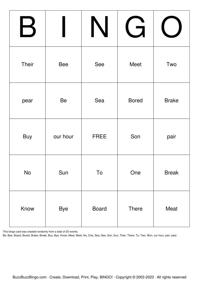 Homophone Words Bingo Cards to Download, Print and Customize!
