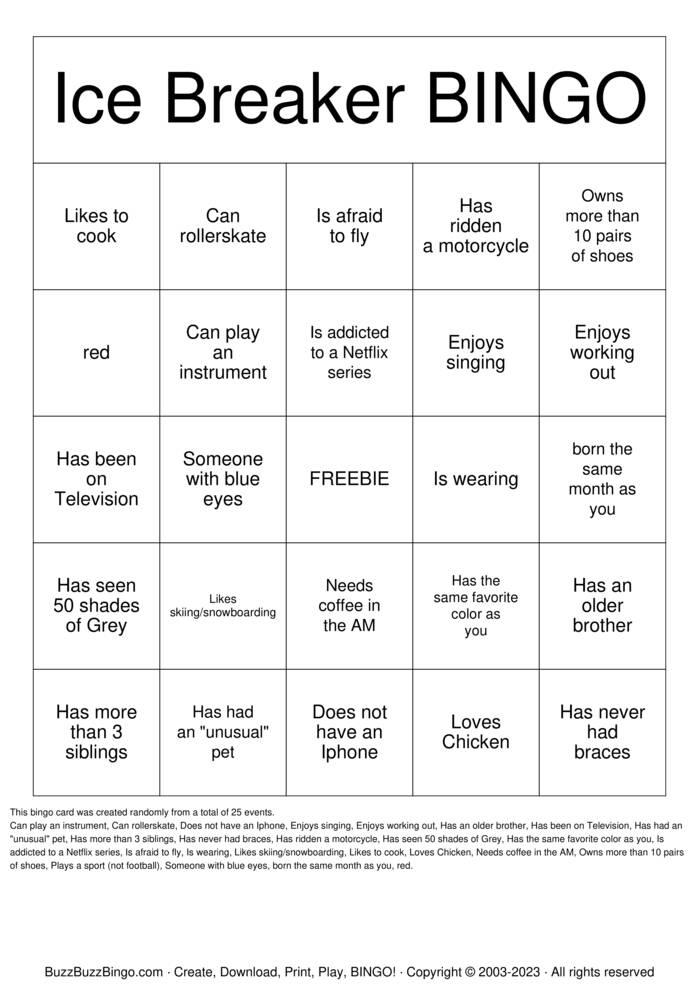 ICEBREAKER BINGO Bingo Cards to Download, Print and Customize!
