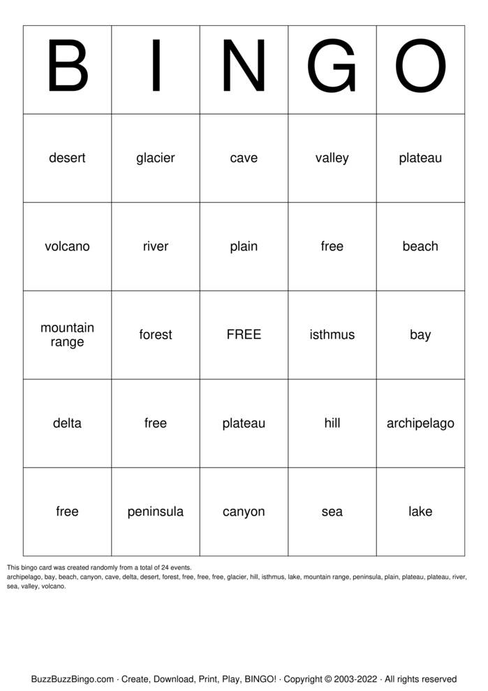 Landforms Bingo Cards to Download, Print and Customize!