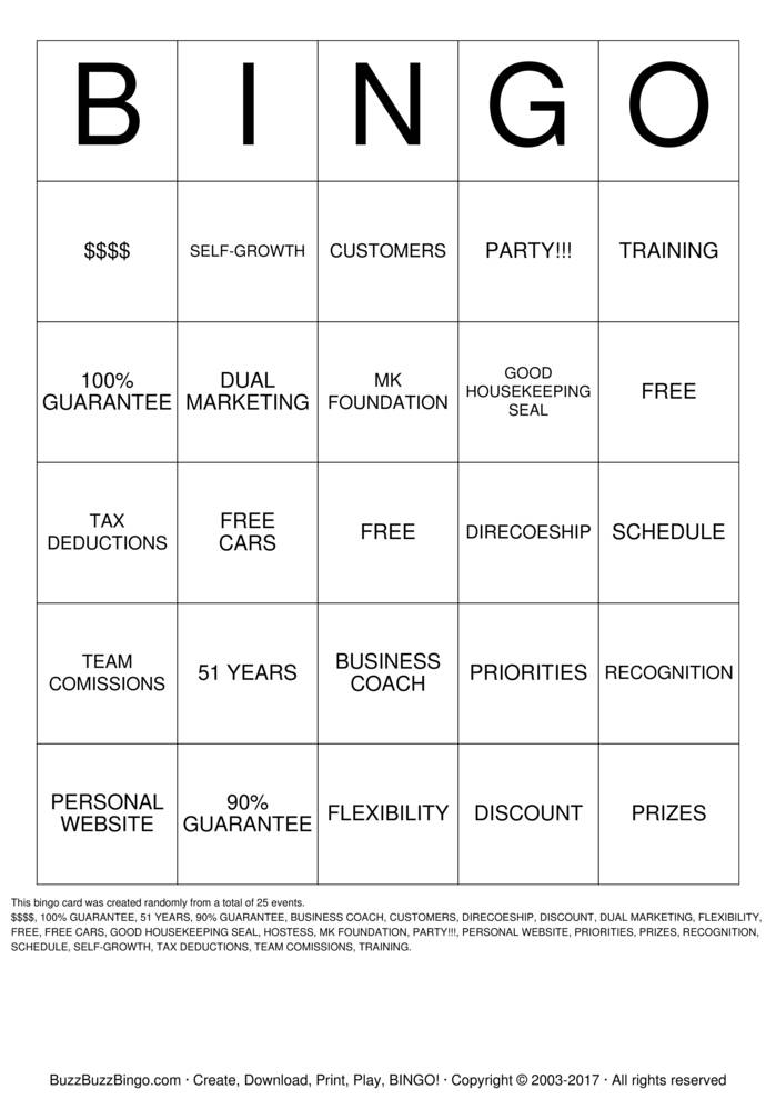 MARY KAY PARTY Bingo Cards to Download, Print and Customize!