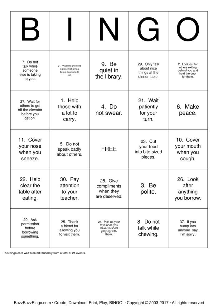 Manners Bingo Cards to Download, Print and Customize!