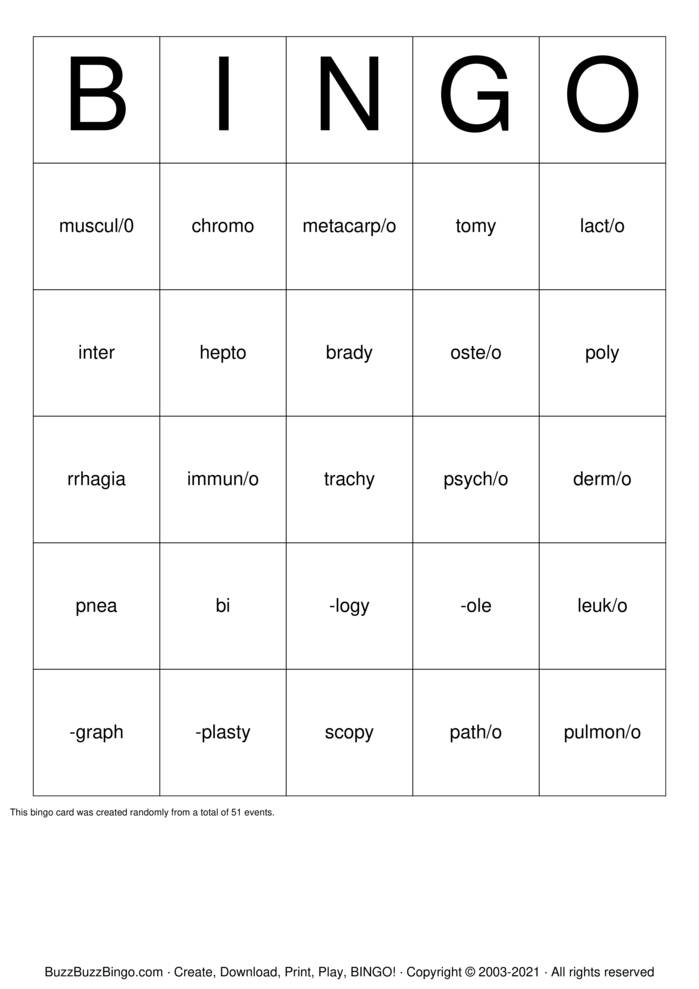 Medical Terms Word Parts Bingo Cards to Download, Print and Customize!
