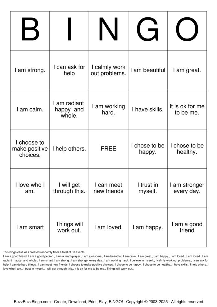 Positive Affirmations Bingo Cards to Download, Print and Customize!