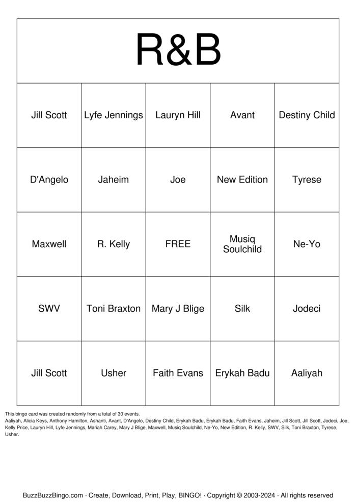 R&B Bingo Cards to Download, Print and Customize!