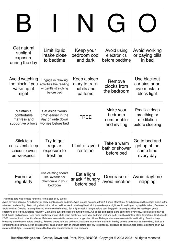 Sleep Hygiene Bingo Cards to Download, Print and Customize!