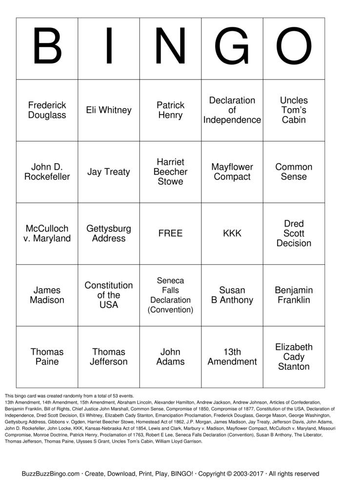 US HISTORY REVIEW Bingo Cards to Download, Print and Customize!