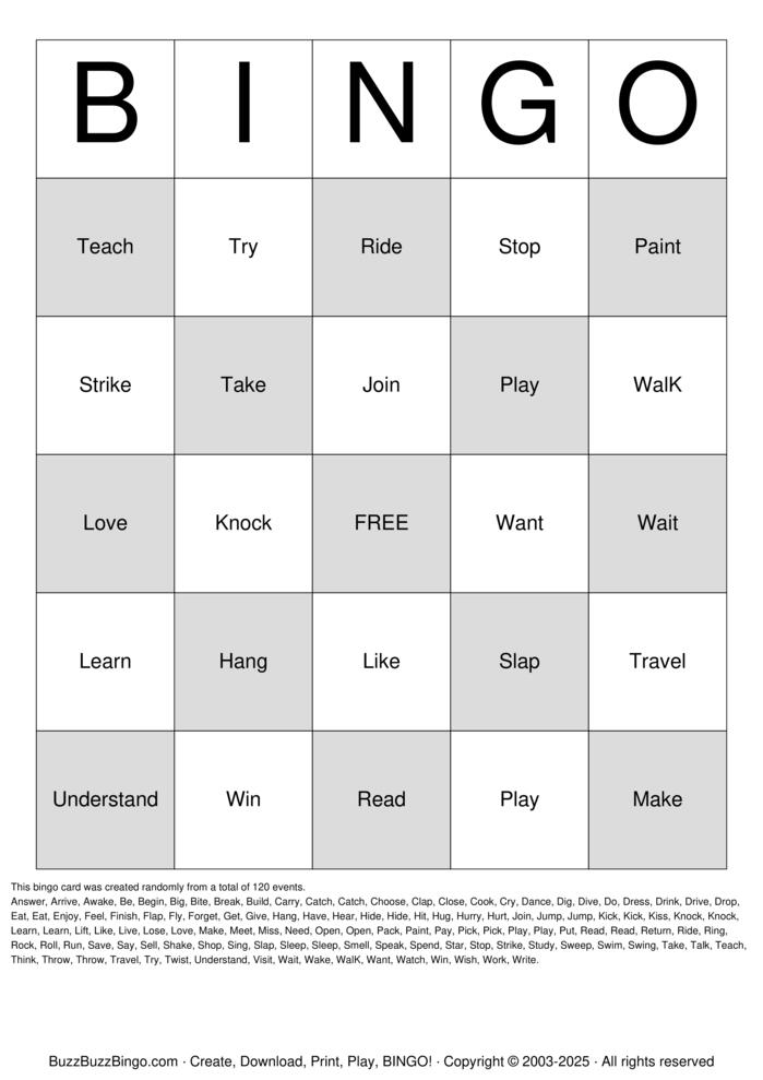 Verbs Bingo Cards to Download, Print and Customize!
