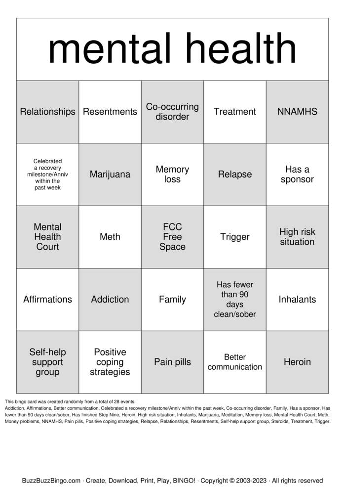 co-occurring Bingo Cards to Download, Print and Customize!