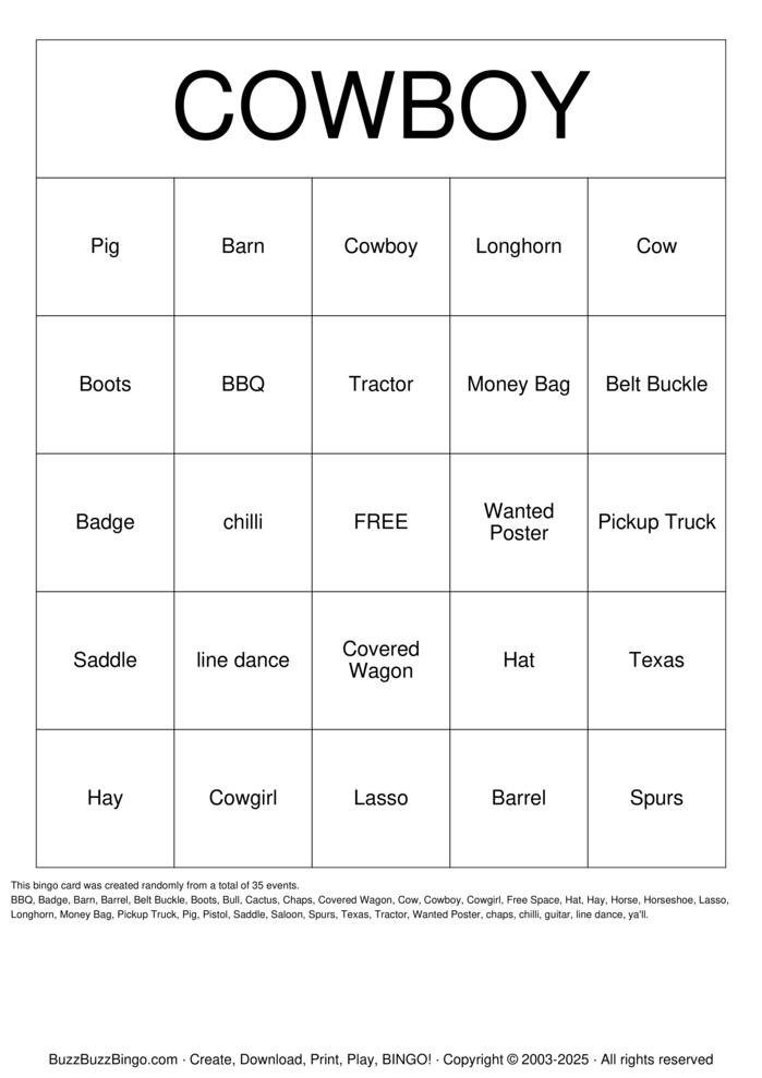 wild wild west Bingo Cards to Download, Print and Customize!