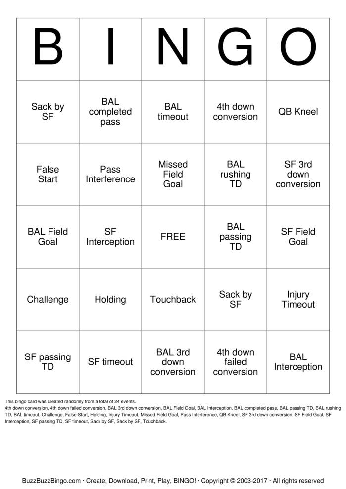 2013 Superbowl BAL vs SF Bingo Cards to Download, Print and Customize!