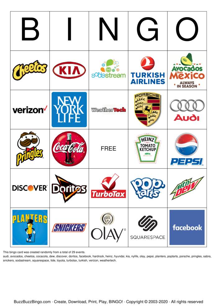 2020 Superbowl Commercial Logos Bingo Cards to Download, Print and ...