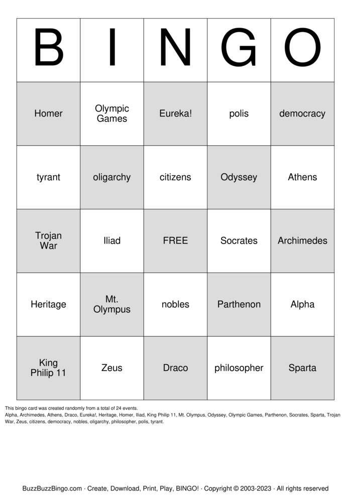 Ancient Greece Bingo Cards to Download, Print and Customize!