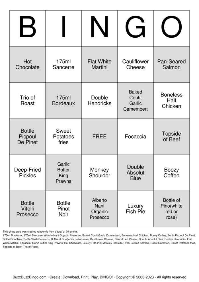 BAR BINGO Bingo Cards to Download, Print and Customize!