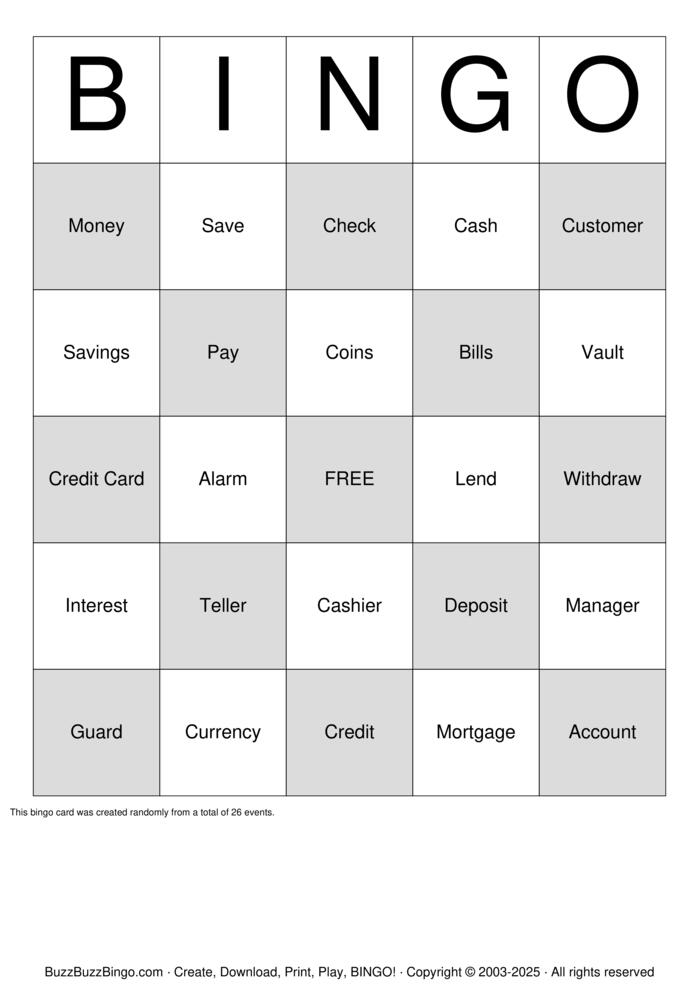Bank Bingo Cards to Download, Print and Customize!