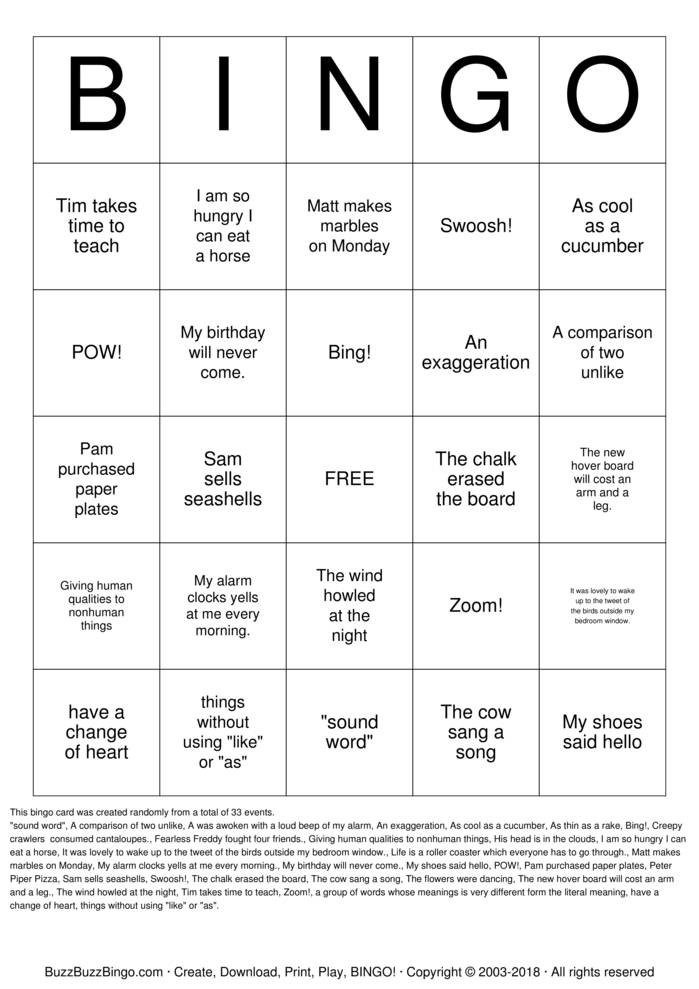 Figurative Language Bingo Cards to Download, Print and Customize!