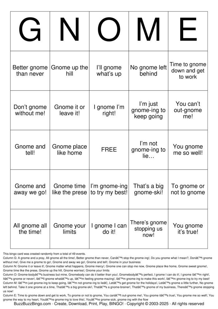 GNOME Bingo Cards to Download, Print and Customize!