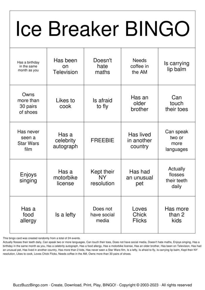 ICEBREAKER BINGO Bingo Cards to Download, Print and Customize!