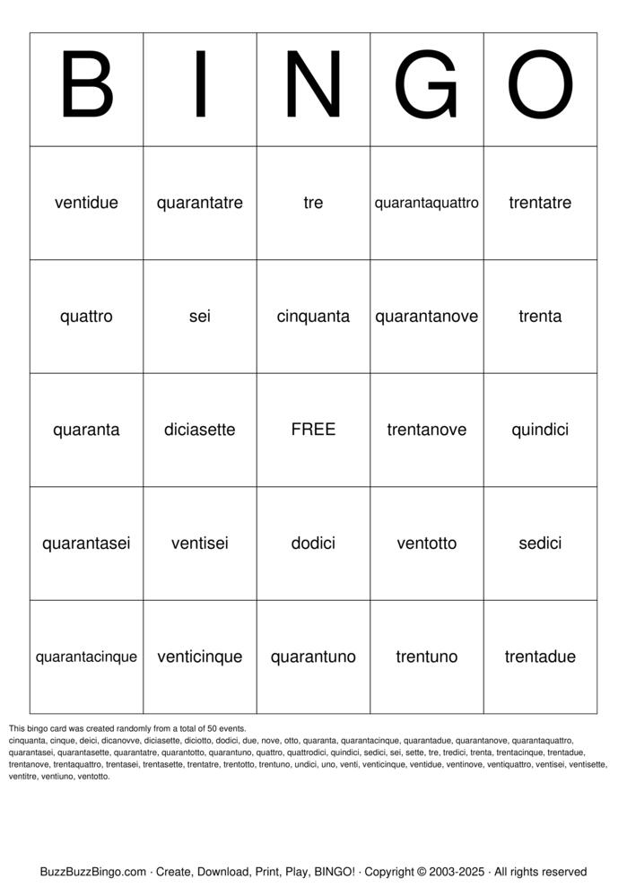 Italian Numbers Bingo Cards to Download, Print and Customize!
