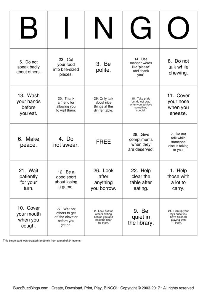Manners Bingo Cards to Download, Print and Customize!