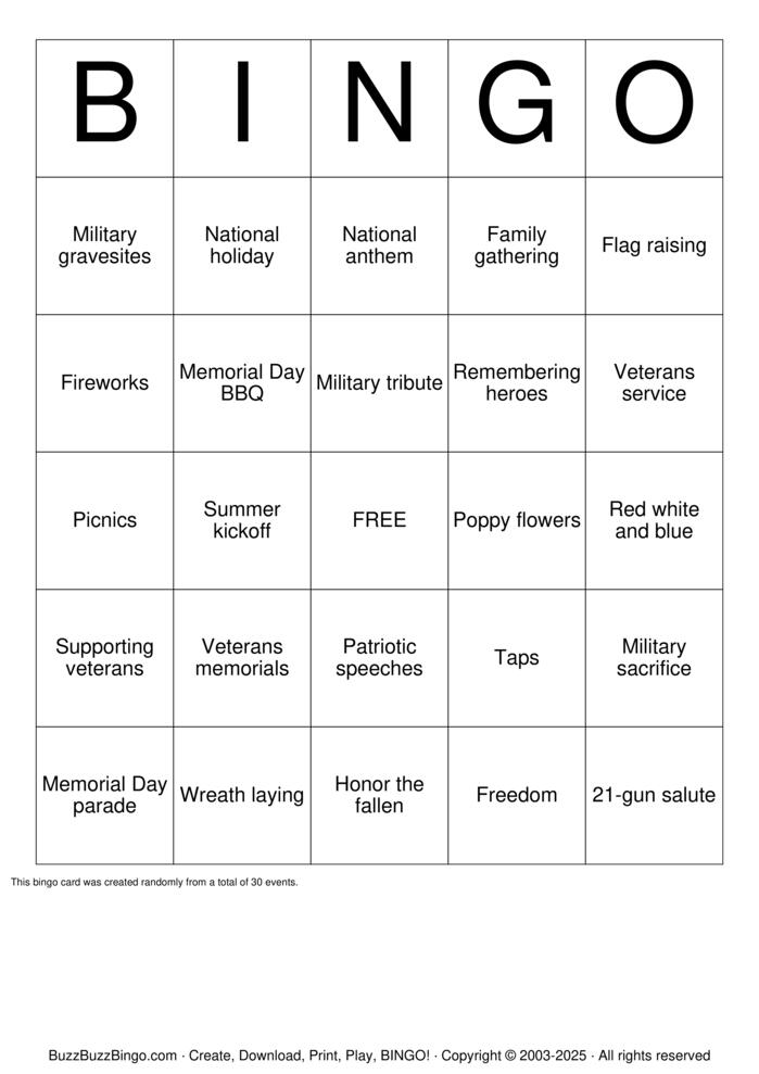 Memorial Day Bingo Cards to Download, Print and Customize!