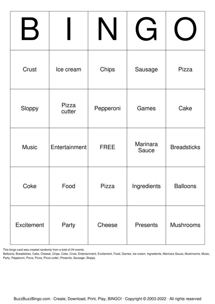 Michael's Pizza Bingo Bingo Cards to Download, Print and Customize!