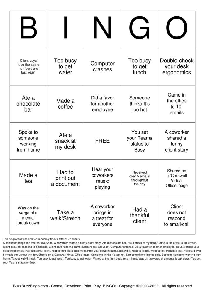 Office Bingo Bingo Cards to Download, Print and Customize!
