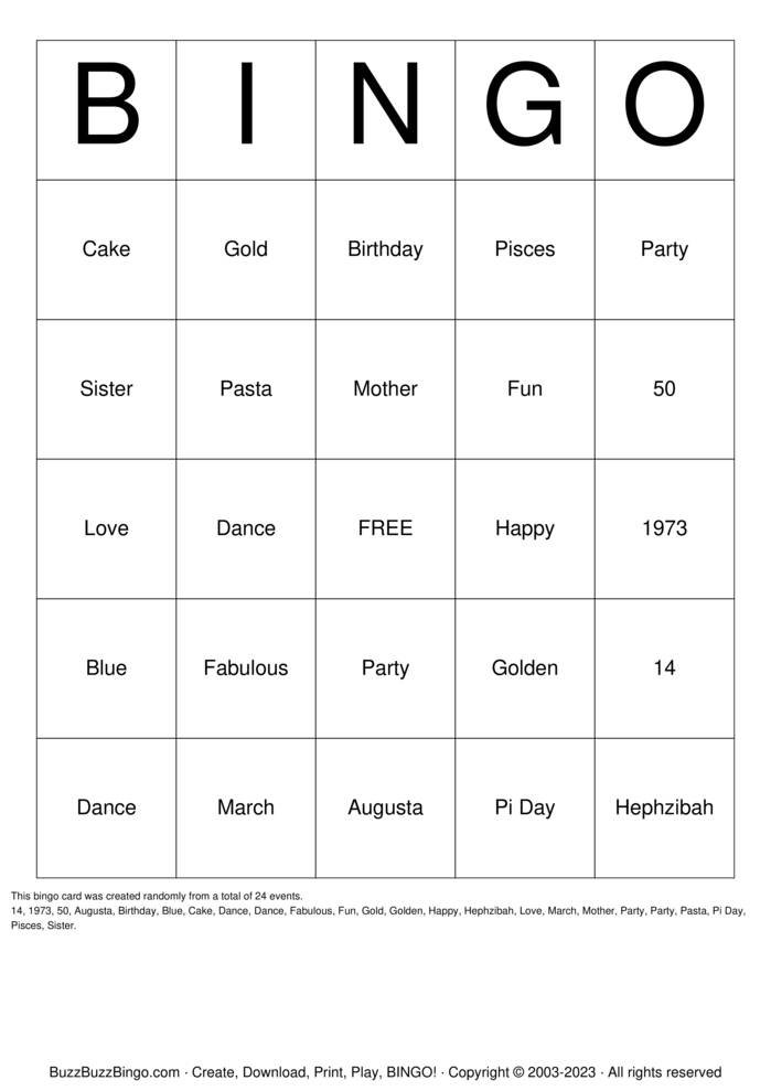 Ophelia's 50th Birthday Bingo! Bingo Cards to Download, Print and ...