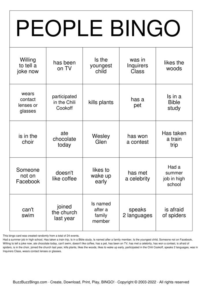 People Bingo Bingo Cards to Download, Print and Customize!