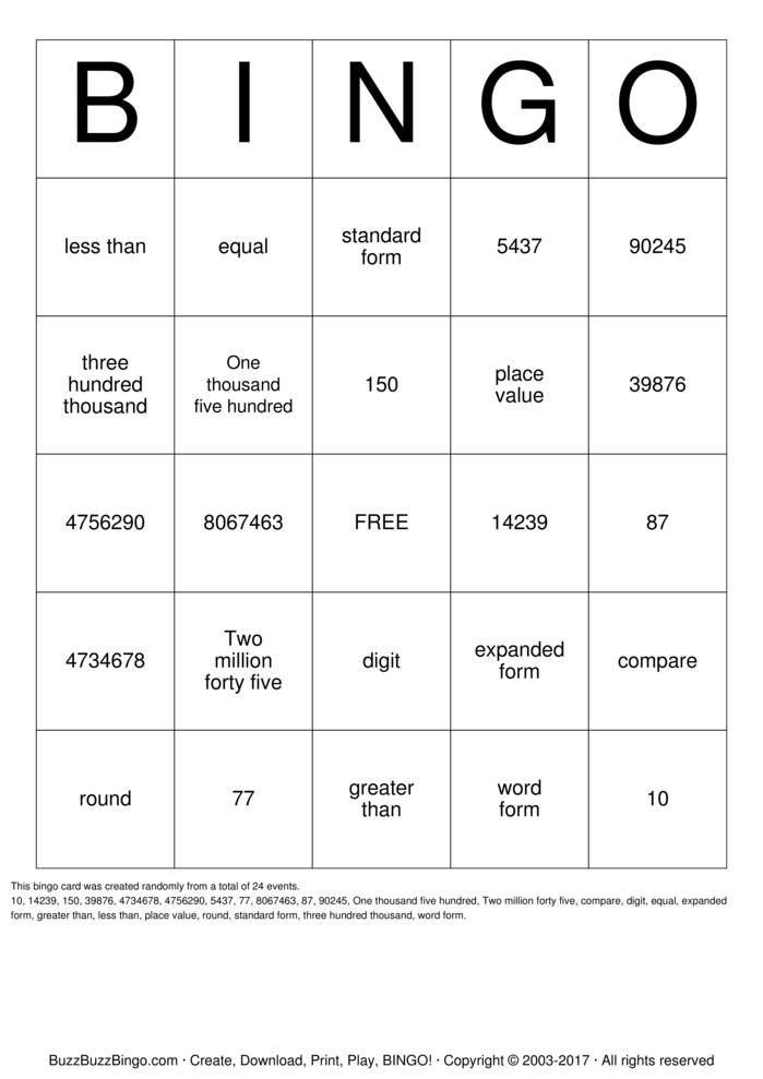 Place Value Bingo Cards to Download, Print and Customize!
