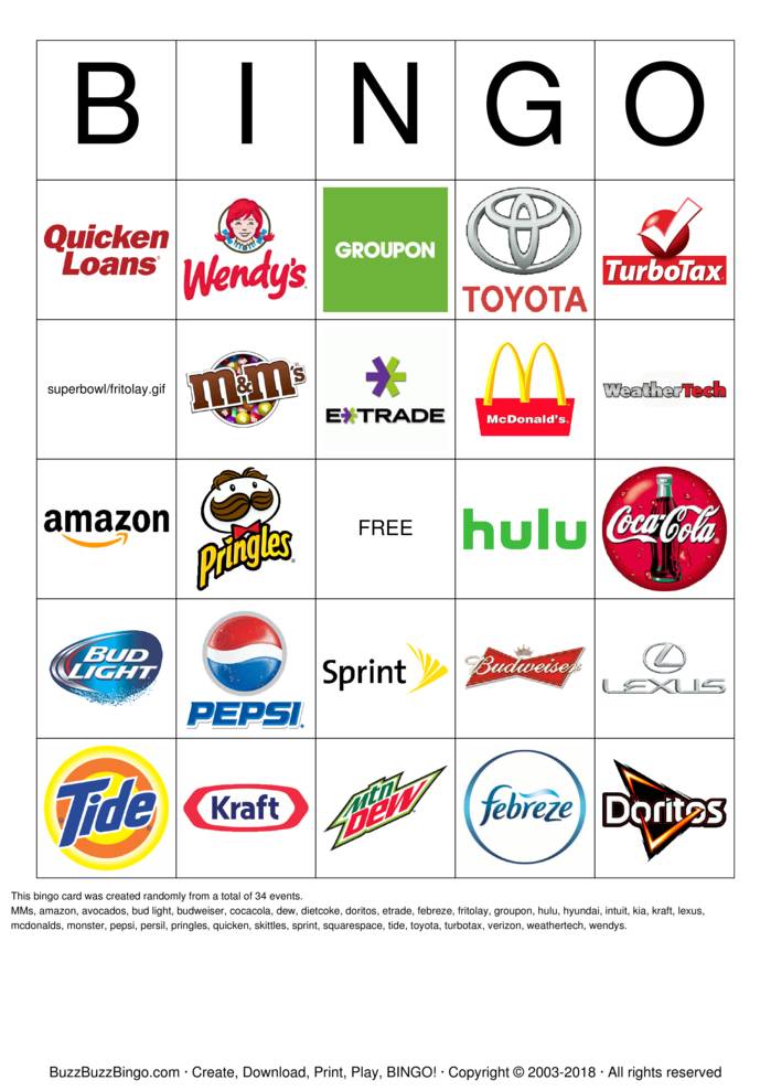 Popular name Brands Bingo Cards to Download, Print and Customize!