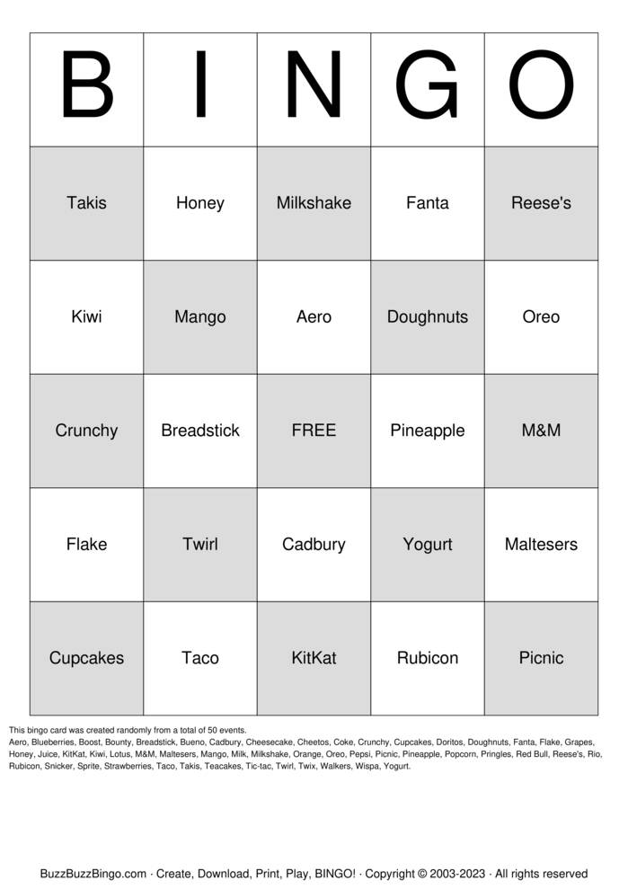 SNACK Bingo Cards to Download, Print and Customize!
