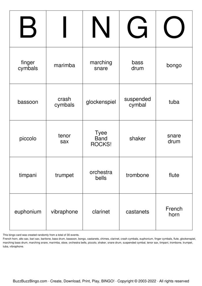 band listening Bingo Cards to Download, Print and Customize!