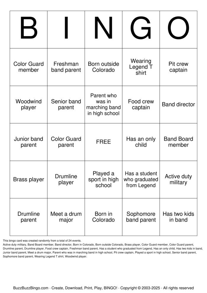 marching band Bingo Cards to Download, Print and Customize!