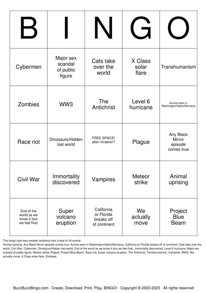 APOCALYPSE BINGO Bingo Cards to Download, Print and Customize!