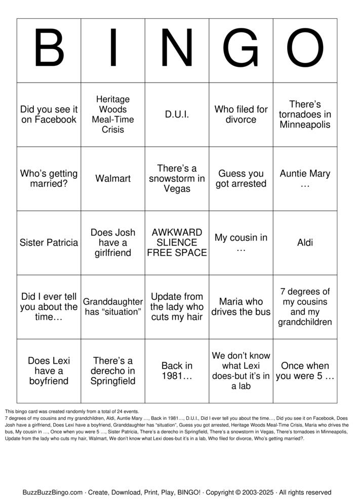 FAMILY DRAMA BINGO Bingo Cards to Download, Print and Customize!