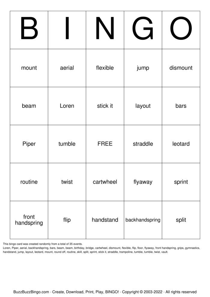 Gymnastics Bingo Bingo Cards to Download, Print and Customize!