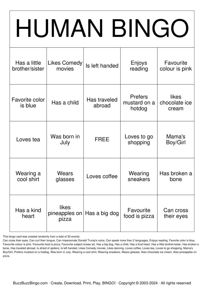 HUMAN BINGO Bingo Cards to Download, Print and Customize!