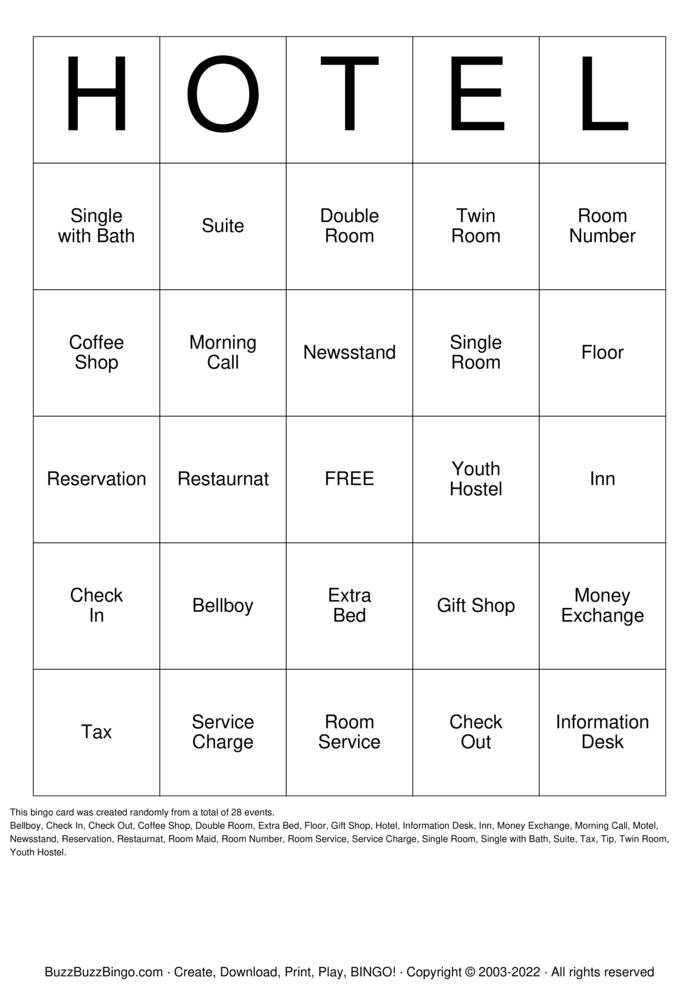 Hotel Bingo Cards to Download, Print and Customize!