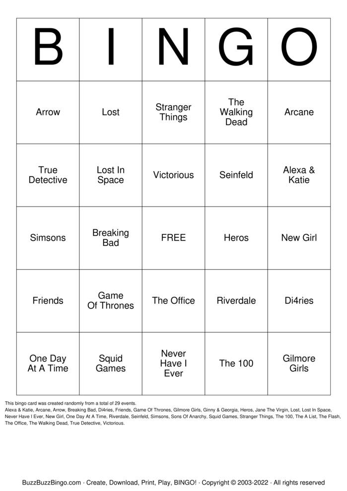 Popular TV Shows Bingo Cards To Download Print And Customize 
