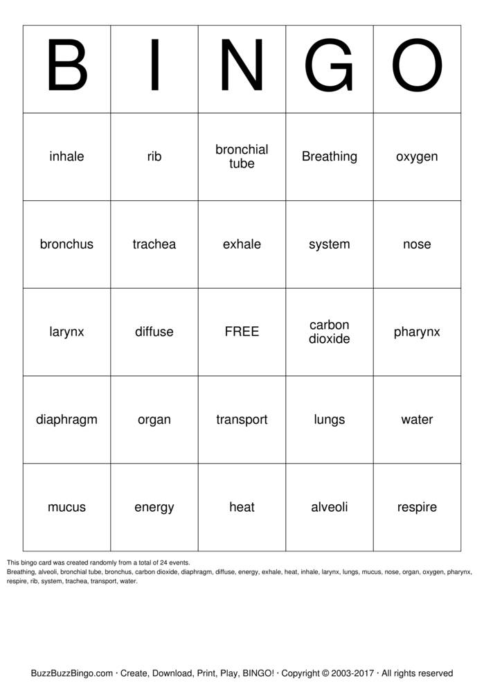 Respiratory System Bingo Cards to Download, Print and Customize!