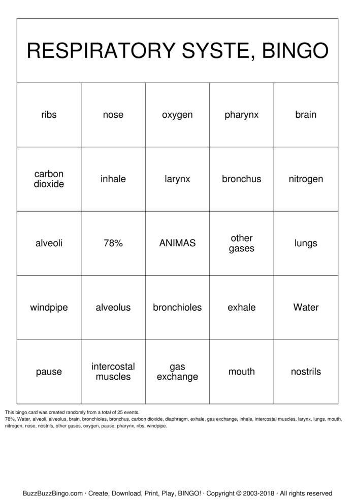 Respiratory System Bingo Cards to Download, Print and Customize!
