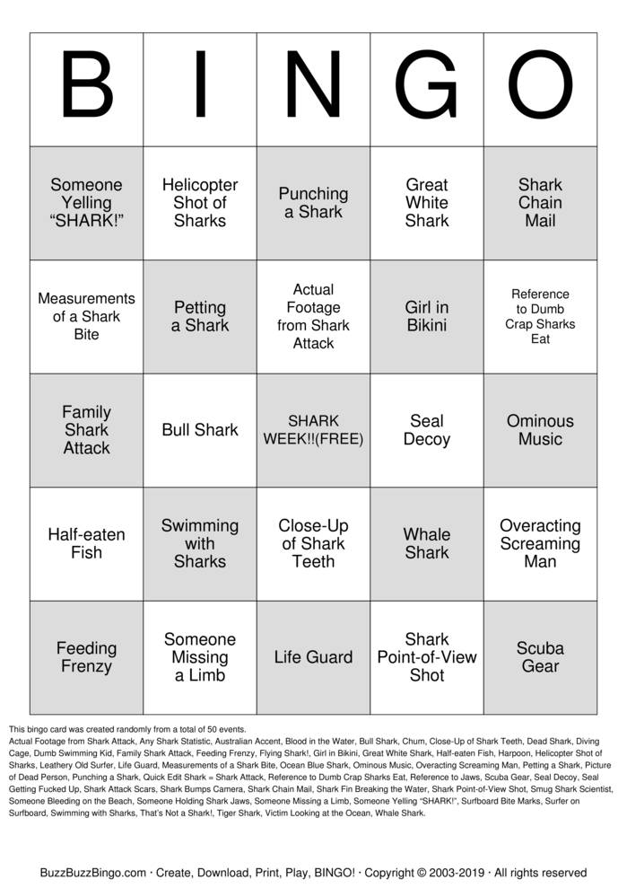 SHARK WEEK BINGO Bingo Cards to Download, Print and Customize!