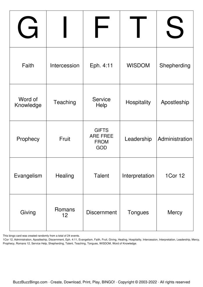 SPIRITUAL GIFTS Bingo Cards to Download, Print and Customize!