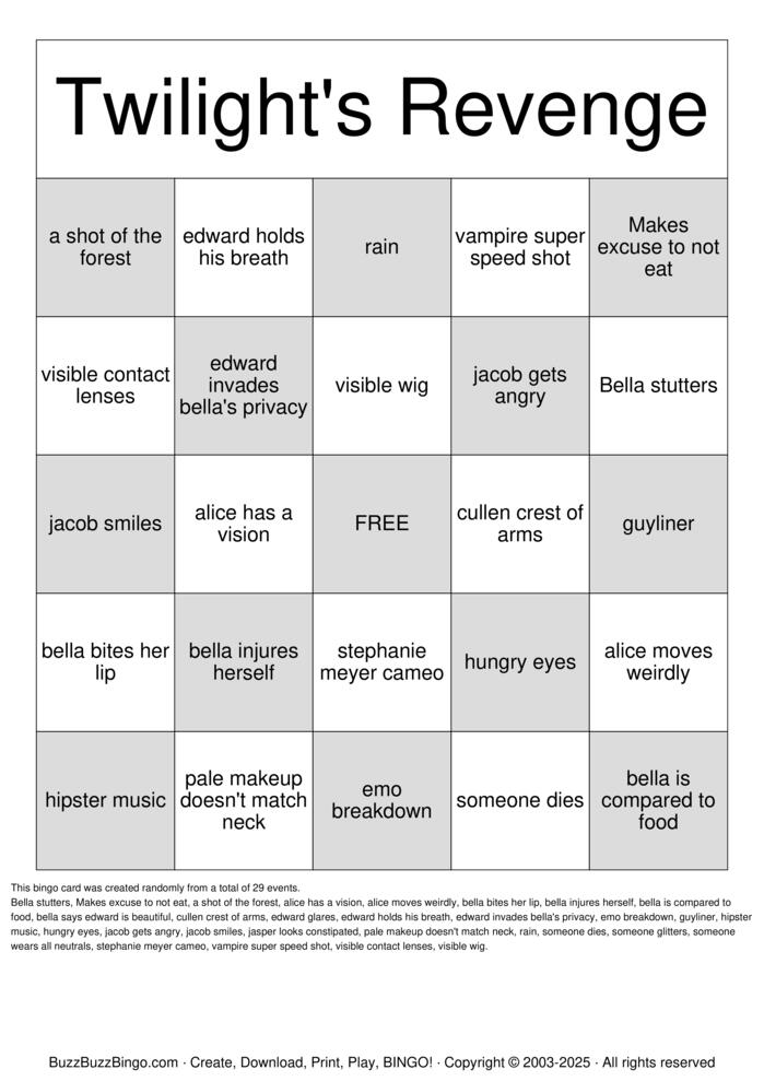 Sfo movie club TWILIGHT BINGO Bingo Cards to Download, Print and Customize!